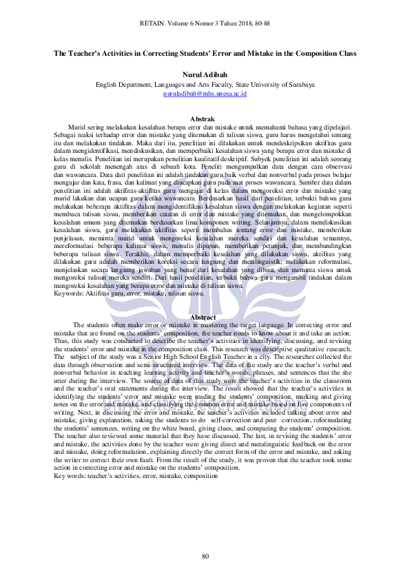 (PDF) The Teacher’s Activities in Correcting Students’ Error and Mistake in the Composition ...