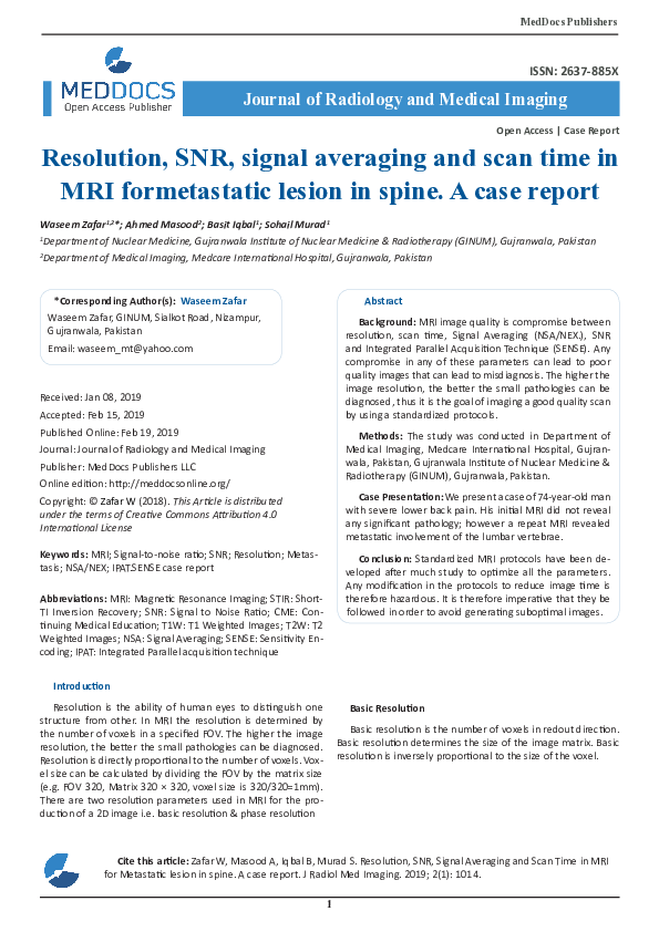 (PDF) Resolution, SNR, Signal Averaging and Scan Time in MRI for ...