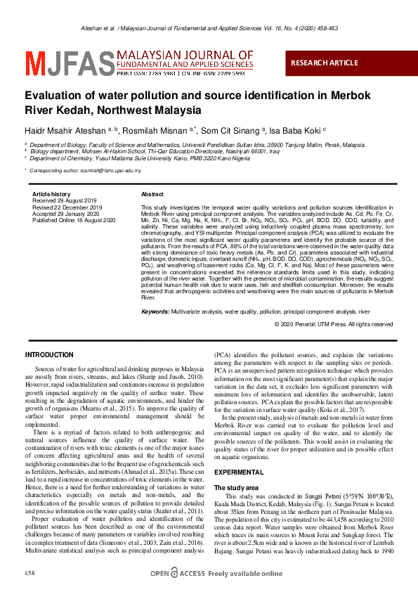 (PDF) Evaluation of water pollution and source identification in Merbok ...