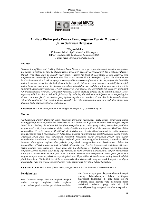 (PDF) I Wayan Muka Analisis Risiko Pada Proyek Pembangunan Parkir ...