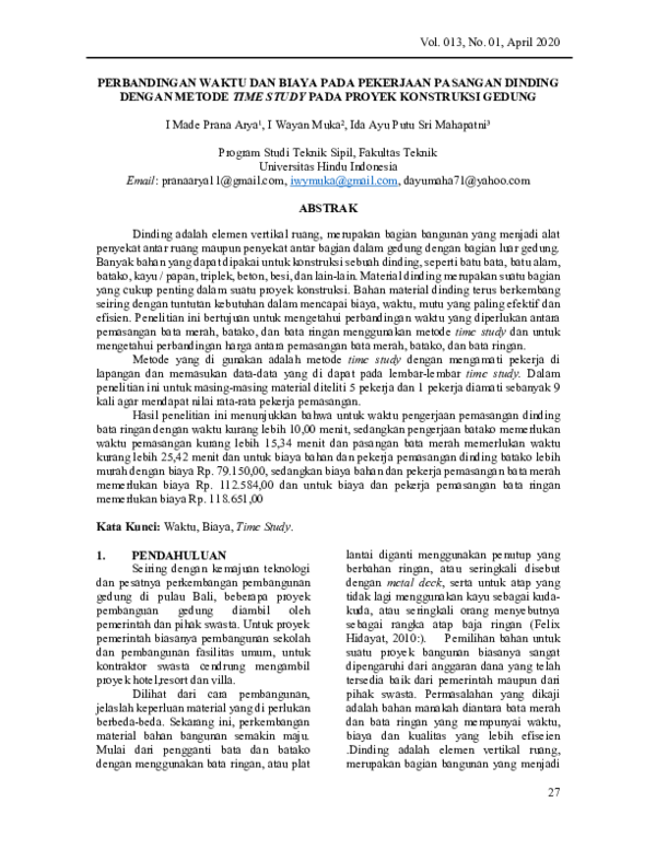 (PDF) Perbandingan Waktu Dan Biaya Pada Pekerjaan Pasangan Dinding ...