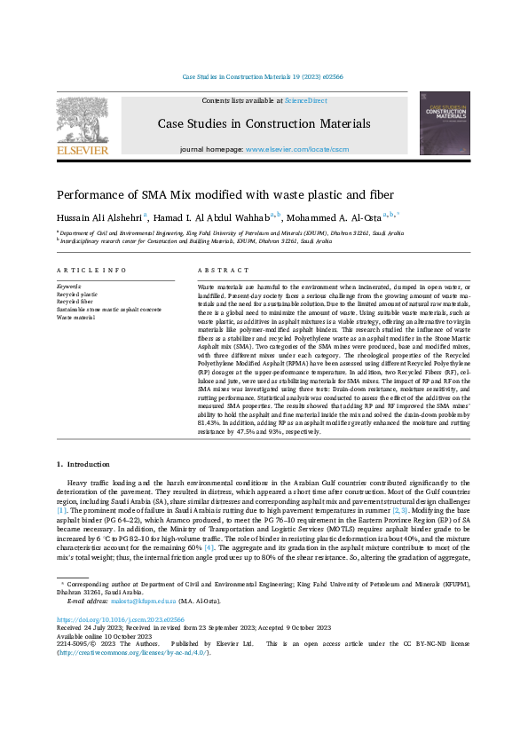 (PDF) Performance of SMA Mix modified with waste plastic and fiber