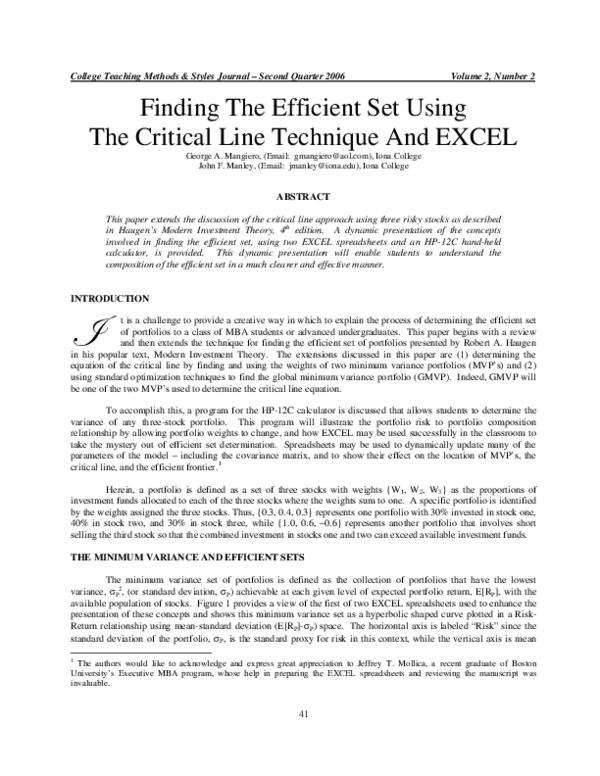 (PDF) Finding The Efficient Set Using The Critical Line Technique And EXCEL