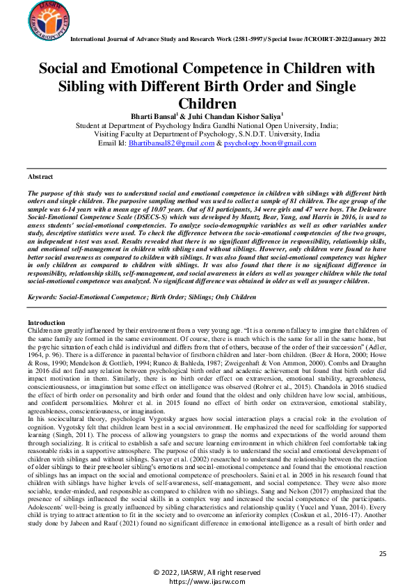 (PDF) Social and Emotional Competence in Children with Sibling with ...