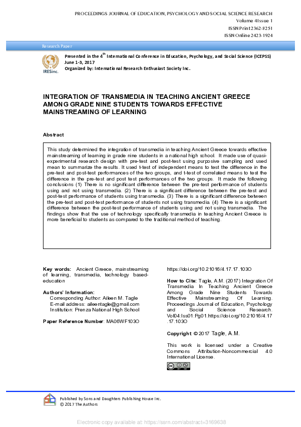 (PDF) Integration of Transmedia in Teaching Ancient Greece Among Grade Nine Students Towards ...