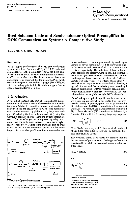 (PDF) Reed Solomon Code and Semiconductor Optical Preamplifier in OOK Communication System: A ...