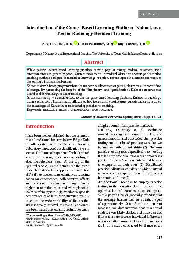 (PDF) Introduction of the Game- Based Learning Platform, Kahoot, as a ...