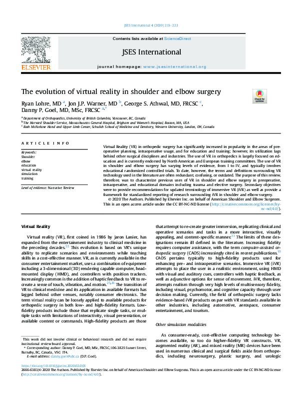 (PDF) The evolution of virtual reality in shoulder and elbow surgery