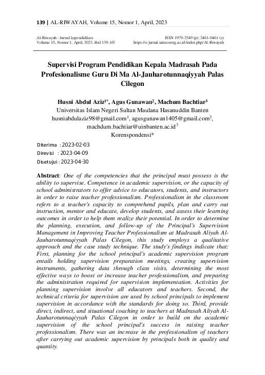 (PDF) Supervisi Program Pendidikan Kepala Madrasah Pada Profesionalisme Guru Di MA Al ...