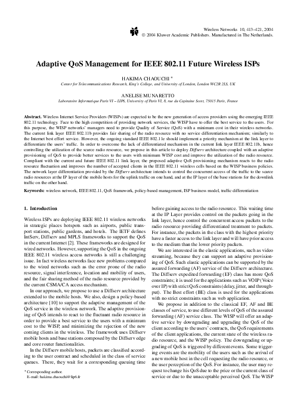 (PDF) Adaptive QoS Management for IEEE 802.11 Future Wireless ISPs | Hakima Chaouchi - Academia.edu