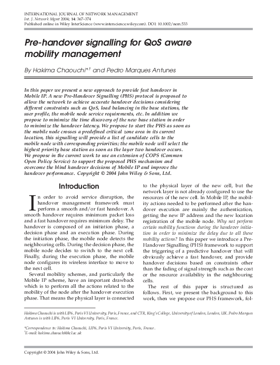 (PDF) Efficient Pre-Handover Signalling in Mobile IP (PDF) Efficient Pre-Handover Signalling in Mobile IP