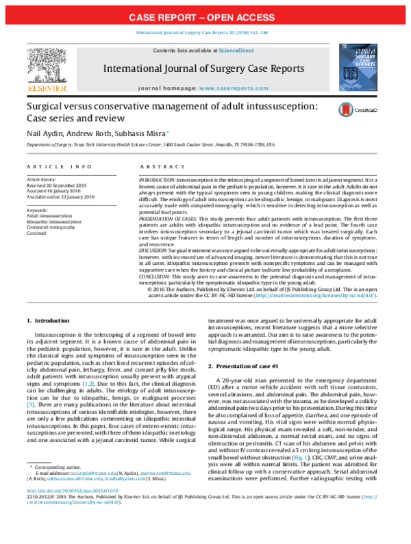 (PDF) Surgical versus conservative management of adult intussusception ...