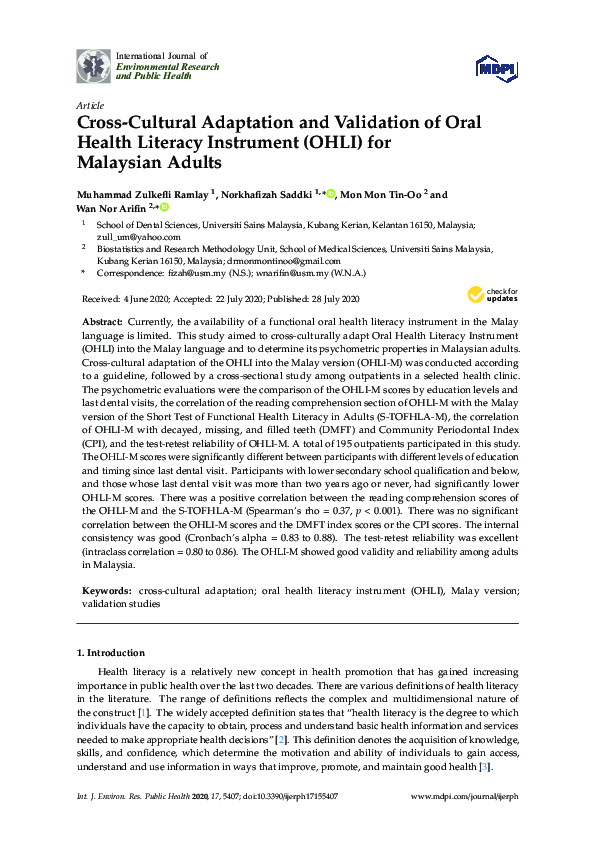 (PDF) Cross-Cultural Adaptation and Validation of Oral Health Literacy Instrument (OHLI) for ...