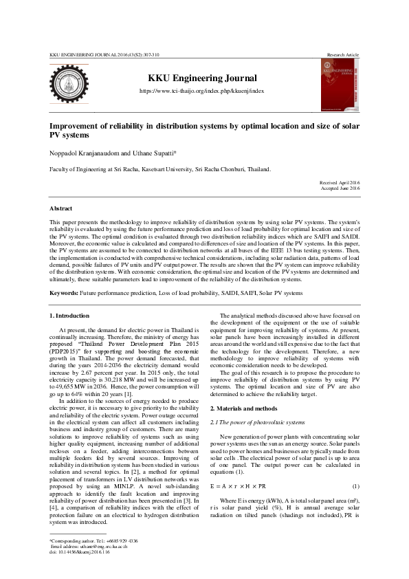 (PDF) Improvement of reliability in distribution systems by optimal ...