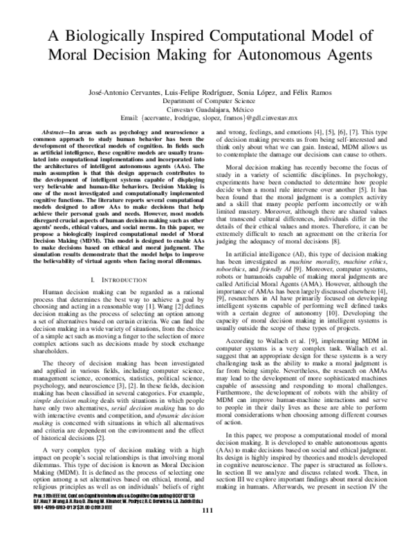 (PDF) A biologically inspired computational model of Moral Decision Making for autonomous agents