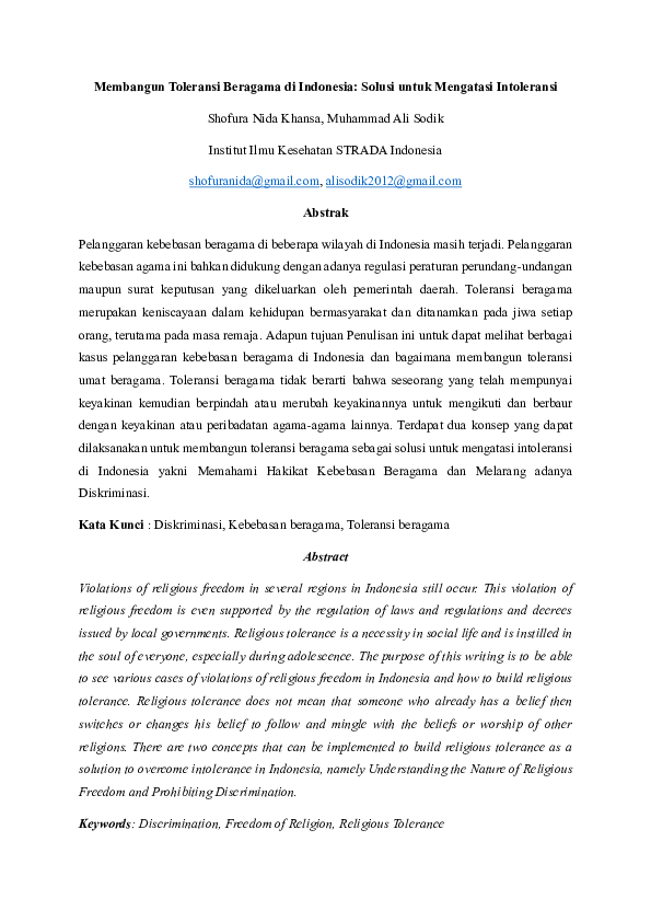 (PDF) Membangun Toleransi Beragama di Indonesia: Solusi untuk Mengatasi Intoleransi