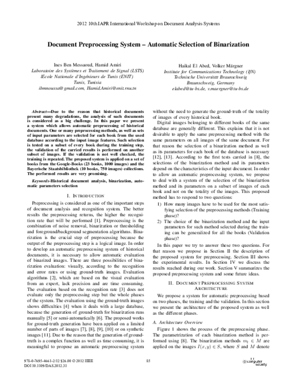(PDF) Document Preprocessing System - Automatic Selection of Binarization
