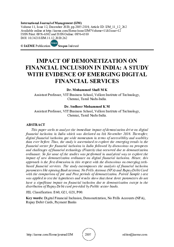 (PDF) Impact of Demonetization on Financial Inclusion in India: A Study ...