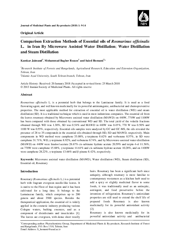(PDF) Comparison Extraction Methods of Essential oils of Rosmarinus officinalis L. in Iran By ...