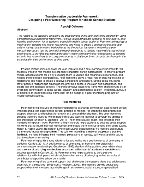(PDF) Transformative Leadership Framework: Designing a Peer Mentoring Program for Middle School ...