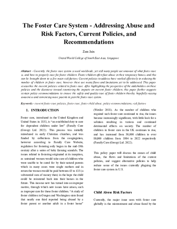 (PDF) The Foster Care System -Addressing Abuse and Risk Factors ...