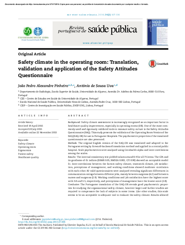 (PDF) Safety climate in the operating room: Translation, validation and application of the ...