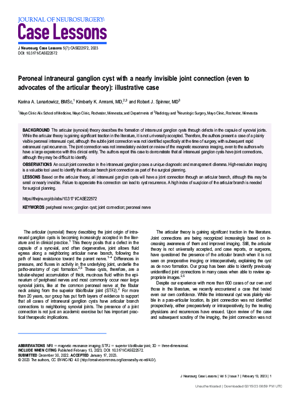 (PDF) Peroneal intraneural ganglion cyst with a nearly invisible joint ...