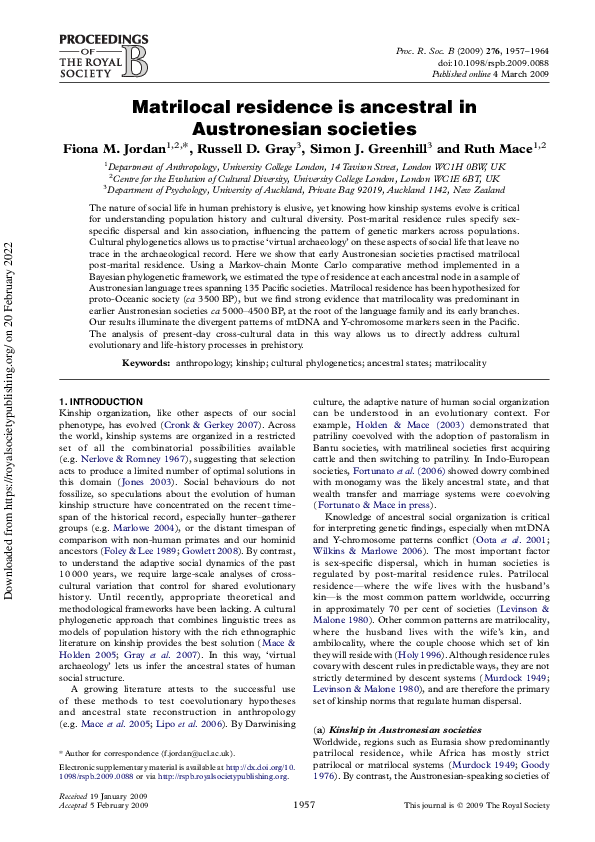 (PDF) Matrilocal residence is ancestral in Austronesian societies