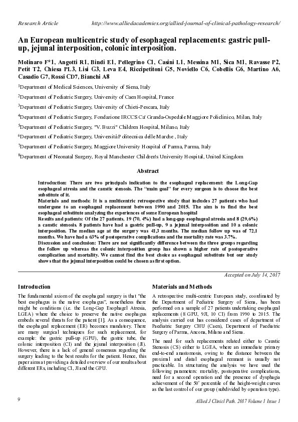 (PDF) An European multicentric study of esophageal replacements ...