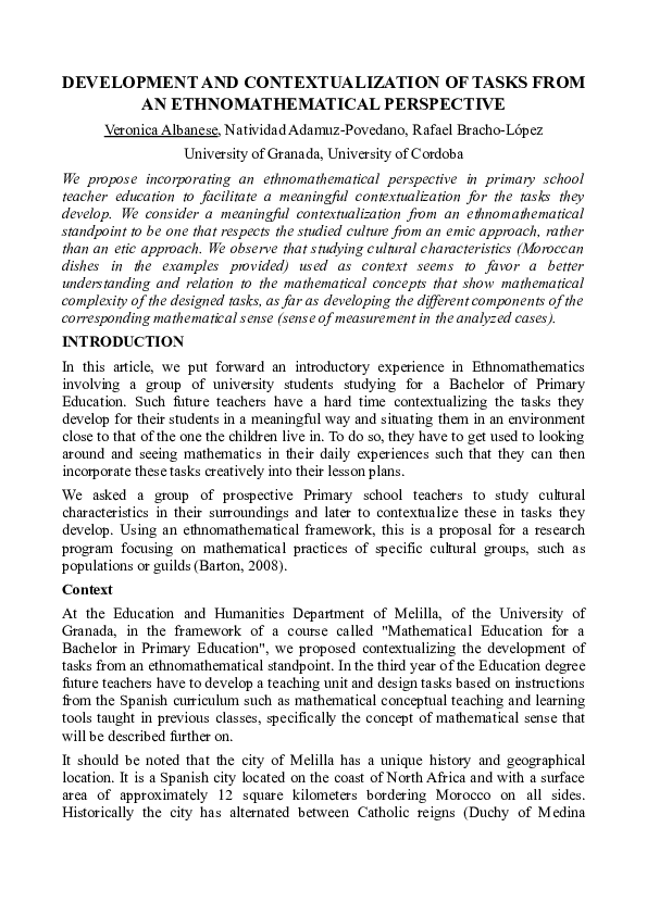 (PDF) Development and Contextualization of Tasks from an Ethnomathematical Perspective