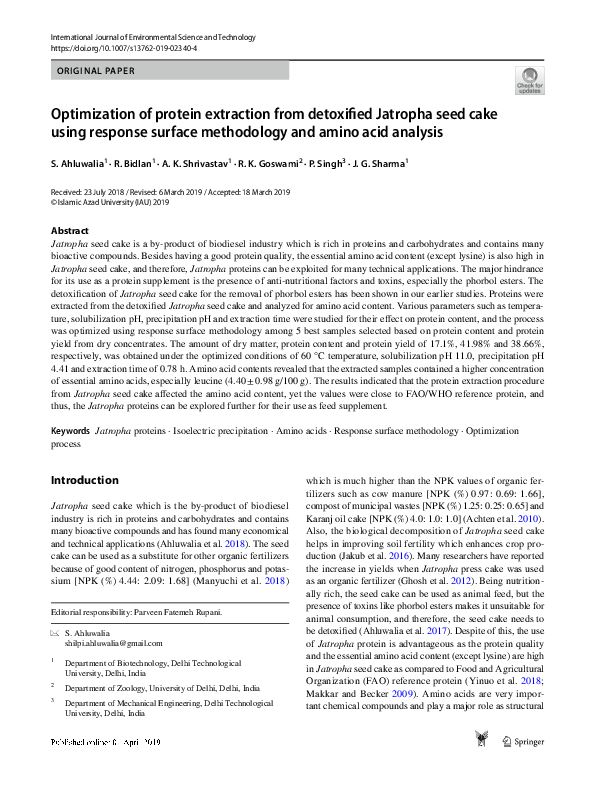 (PDF) Optimization of protein extraction from detoxified Jatropha seed ...