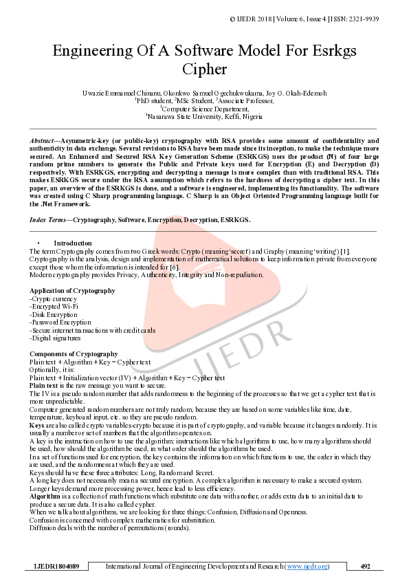 (PDF) Engineering Of A Software Model For Esrkgs Cipher