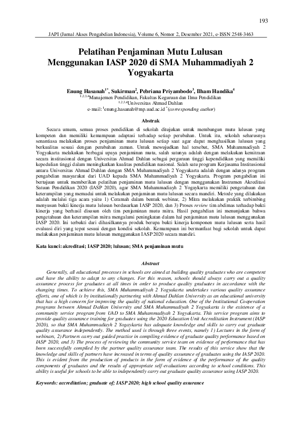 (PDF) Pelatihan Penjaminan Mutu Lulusan Menggunakan IASP 2020 di SMA ...