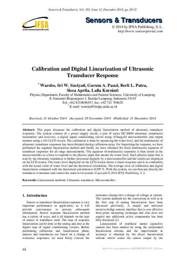 Pdf Calibration And Digital Linearization Of Ultrasonic Transducer