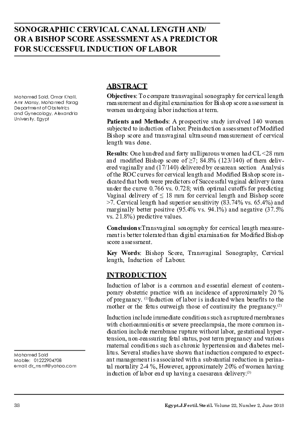 (PDF) Sonographic Cervical Canal Length And/ or a Bishop Score ...