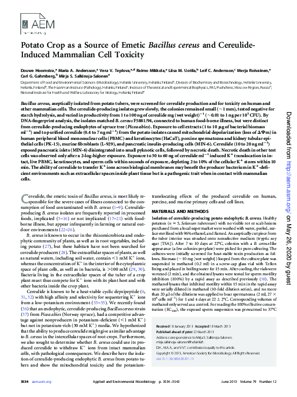 (PDF) Potato Crop as a Source of Emetic Bacillus cereus and Cereulide ...