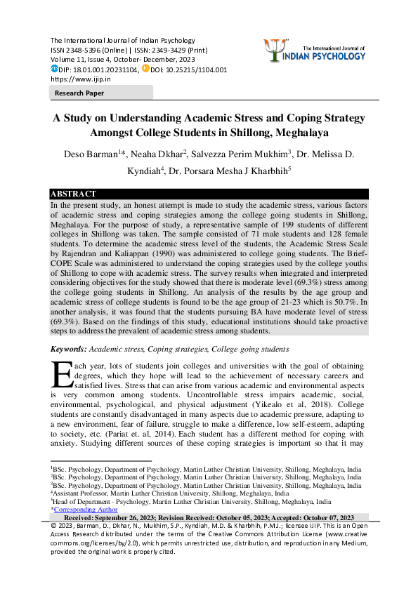 (PDF) A Study on Understanding Academic Stress and Coping Strategy Amongst College Students in ...
