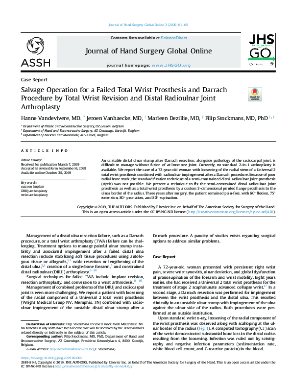 (PDF) Salvage Operation for a Failed Total Wrist Prosthesis and Darrach ...