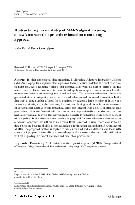 (PDF) Restructuring forward step of MARS algorithm using a new knot selection procedure based on ...