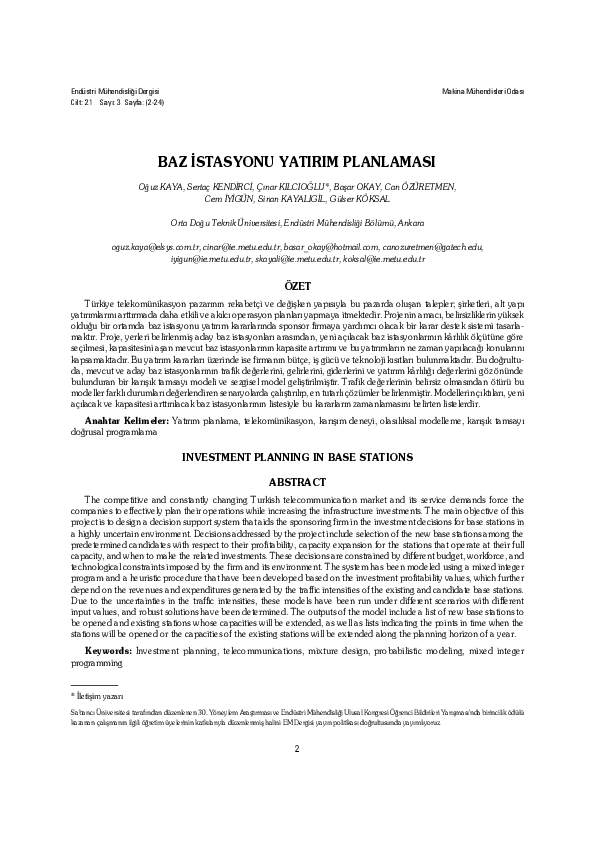 (PDF) Baz İstasyonu Yatırım Planlaması | Cem Iyigun - Academia.edu