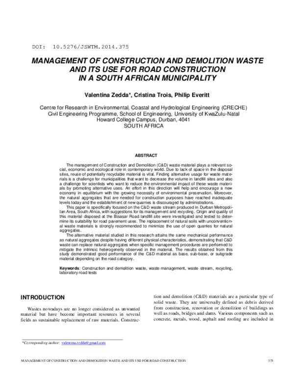 (PDF) Management of Construction and Demolition Waste in Cities in ...