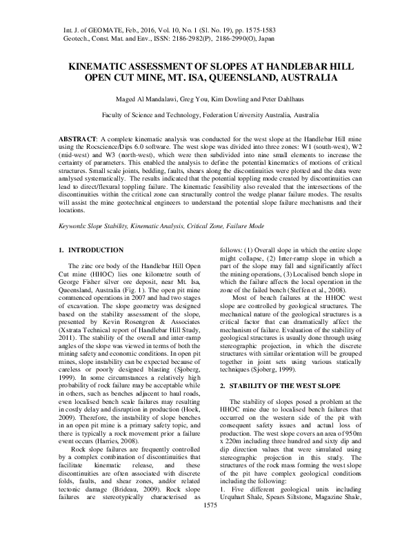 (PDF) Kinematic Assessment of Slopes at Handlebar Hill Open Cut Mine ...