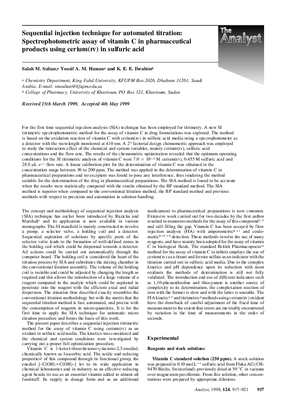 Pdf Sequential Injection Technique For Automated Titration Spectrophotometric Assay Of