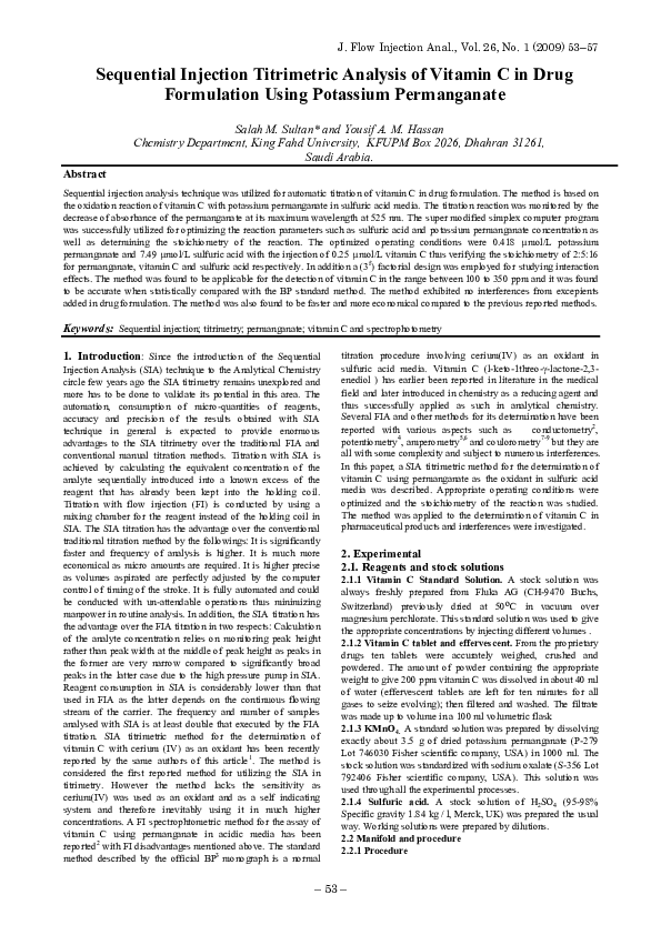 Pdf Sequential Injection Titrimetric Analysis Of Vitamin C In Drug Formulation Using Potassium