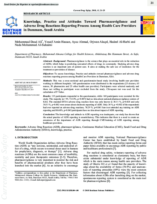 (PDF) Knowledge, Practice and attitudes toward pharmacovigilance and adverse drug reactions ...