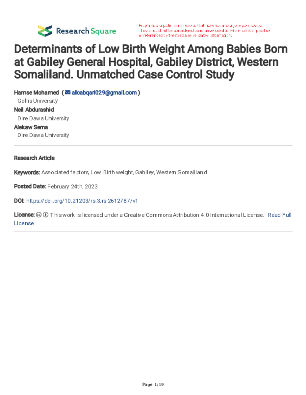 (PDF) Determinants of Low Birth Weight Among Babies Born at Gabiley ...