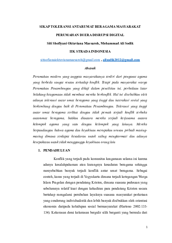 (DOC) SIKAP TOLERANSI ANTARUMAT BERAGAMA MASYARAKAT PERUMAHAN DI ERA DISRUPSI DIGITAL ...