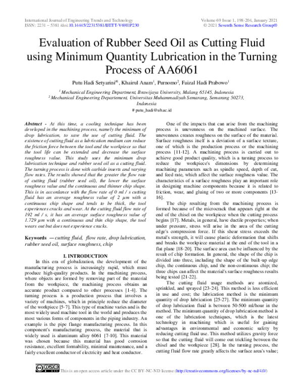 (PDF) Evaluation of Rubber Seed Oil as Cutting Fluid using Minimum Quantity Lubrication in the ...