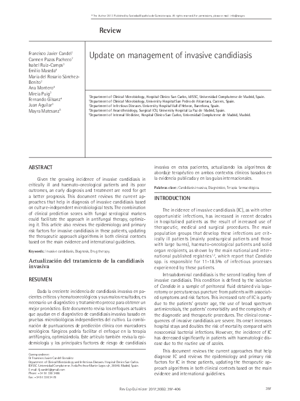 (PDF) Update on management of invasive candidiasis