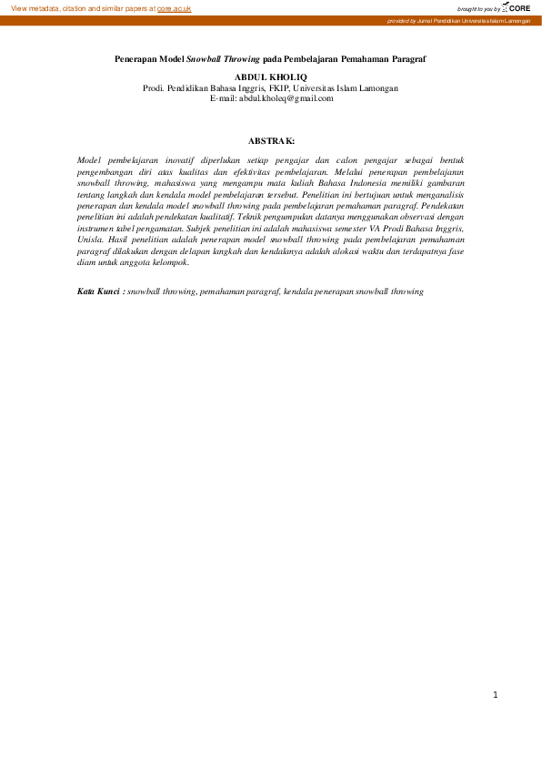 (PDF) Penerapan Model Snowball Throwing pada Pembelajaran Pemahaman ...